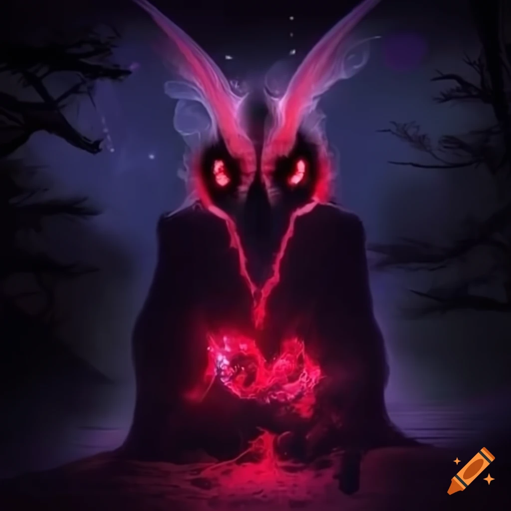 Mothman with glowing red eyes in moonlit woods on Craiyon