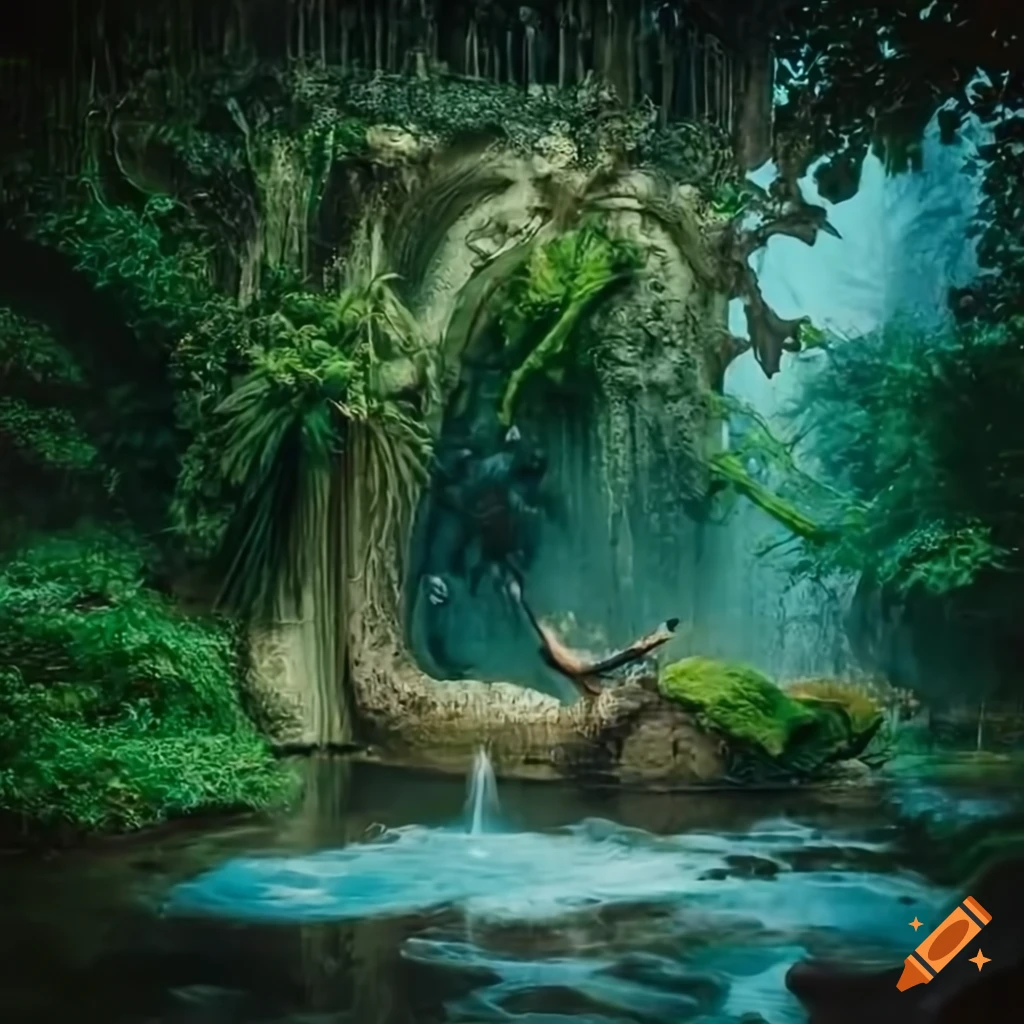 Fantastical jungle park with voodoo circus and surrealistic elements on ...