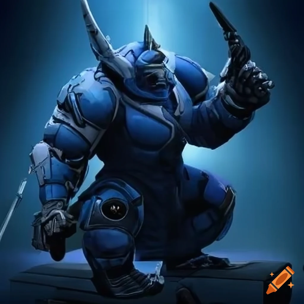Futuristic ninja rhino with a blue jacket and advanced gadgets on Craiyon