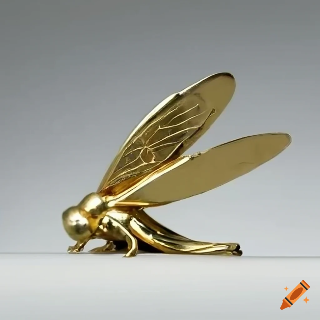 Solid gold hood ornament of an art deco metal cicada on Craiyon