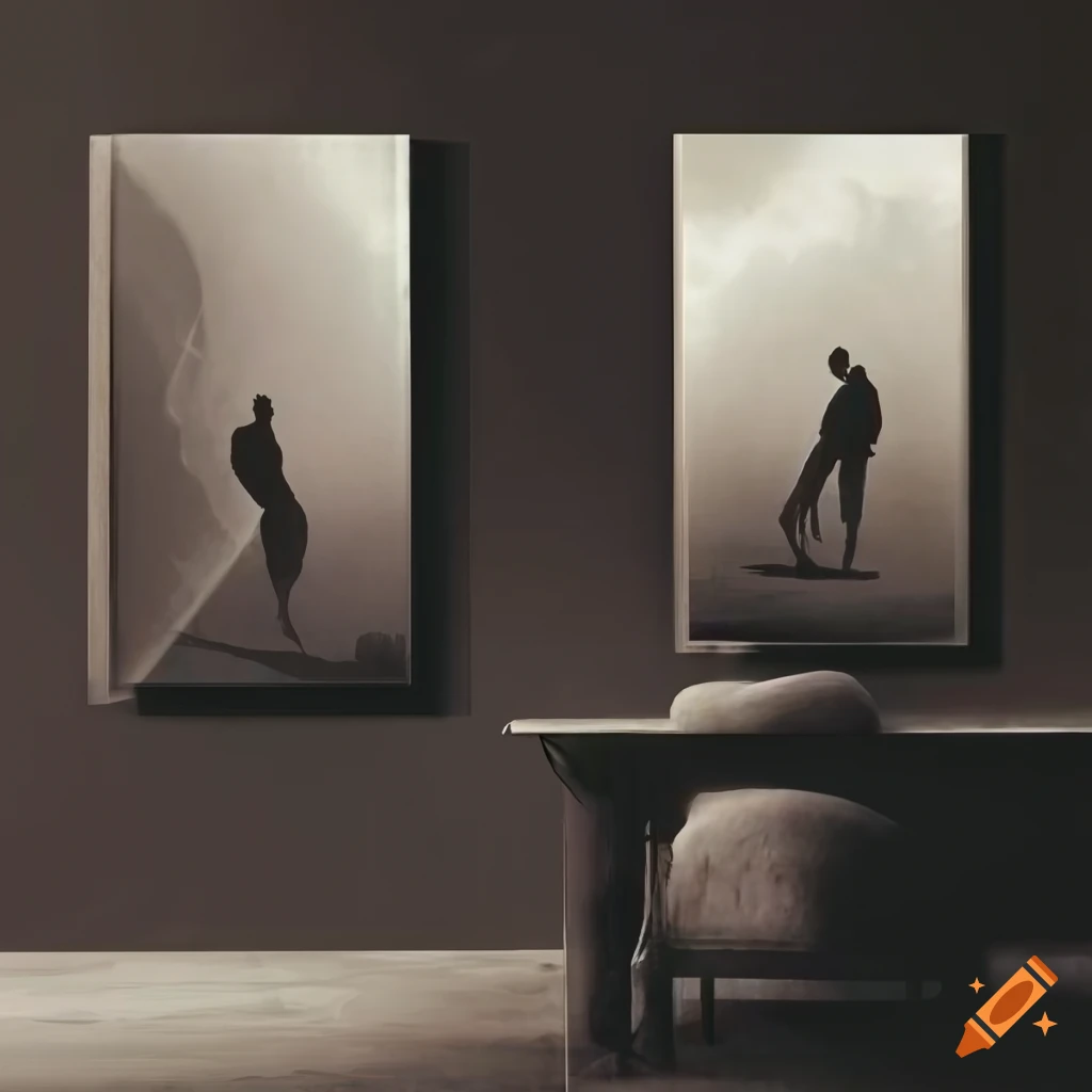 Retro 1950s black and white surrealist art with rooms, windows, and sky ...