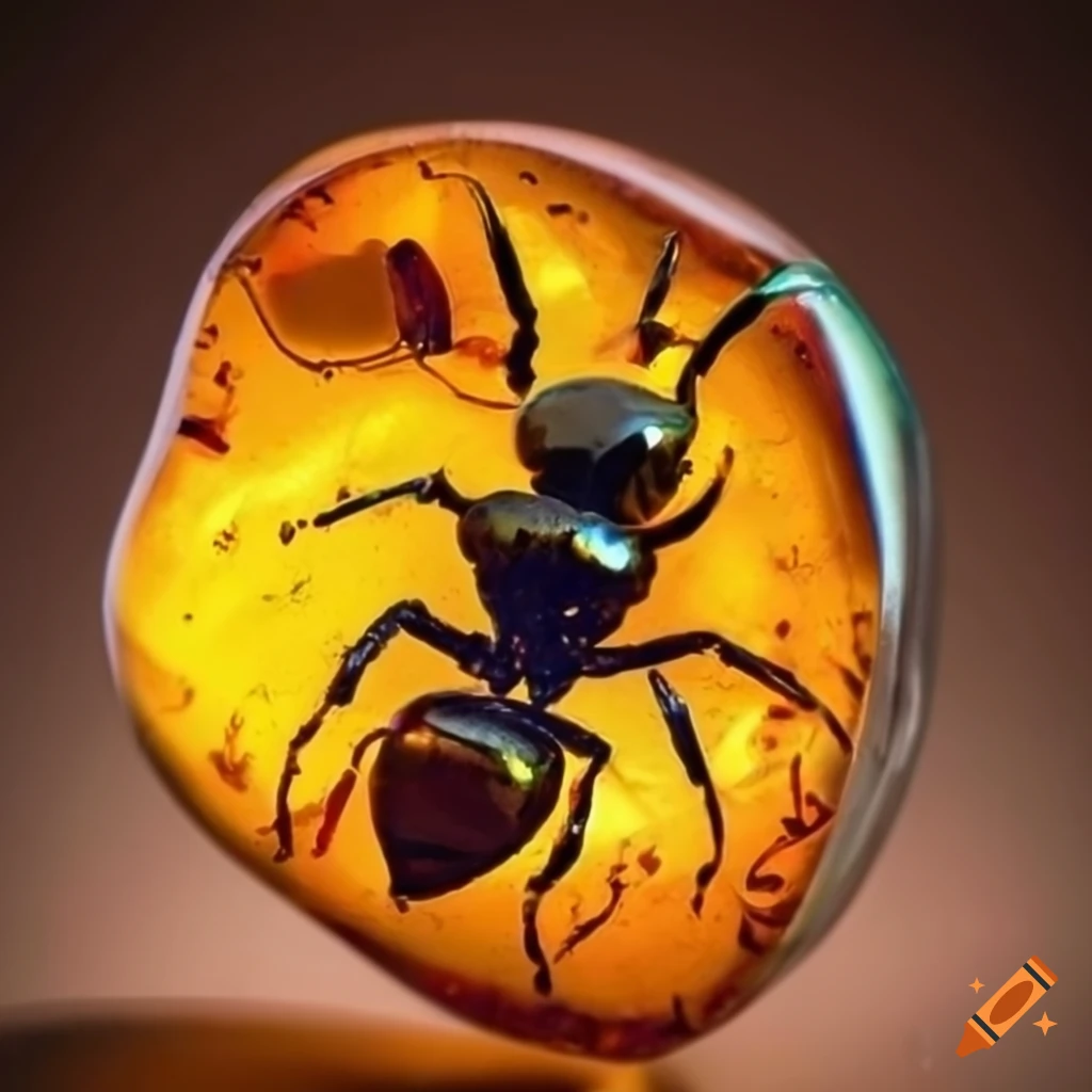 Colorful gems and amber stones with bee, ant, and wasp on copper metal ...