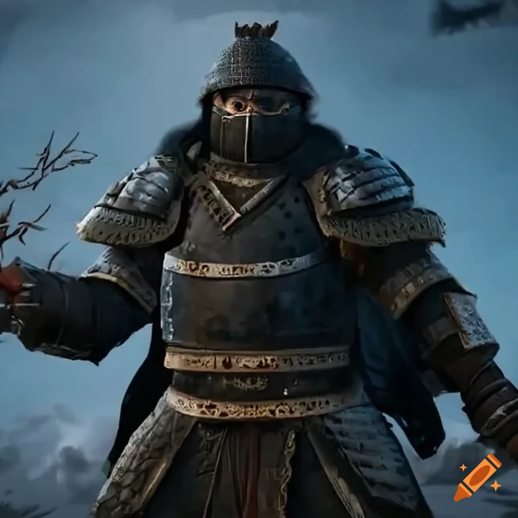 Shaman in mongolian-inspired black armor and ritualistic mask in for ...