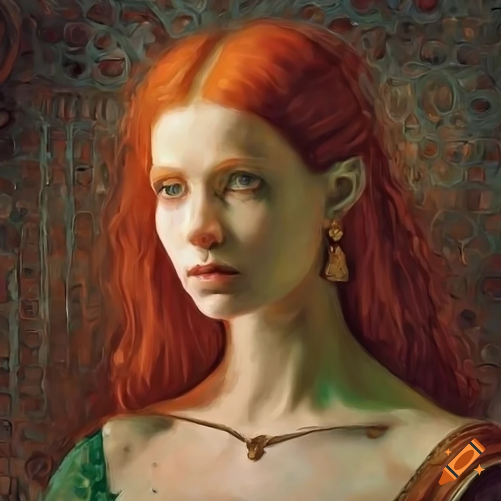 Noble lady with red hair in a medieval chapel with stained-glass ...