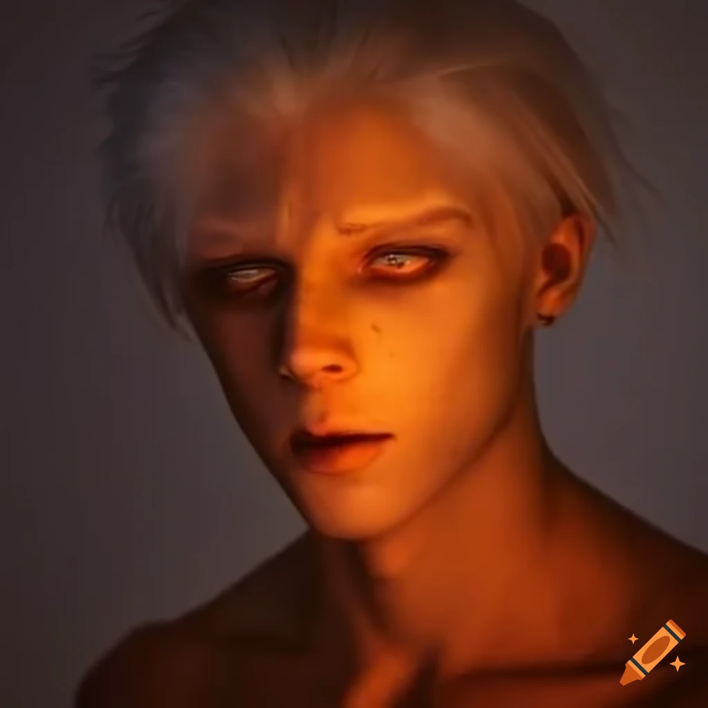 Male otherworldly being with white hair and ashen skin, black eyes with ...