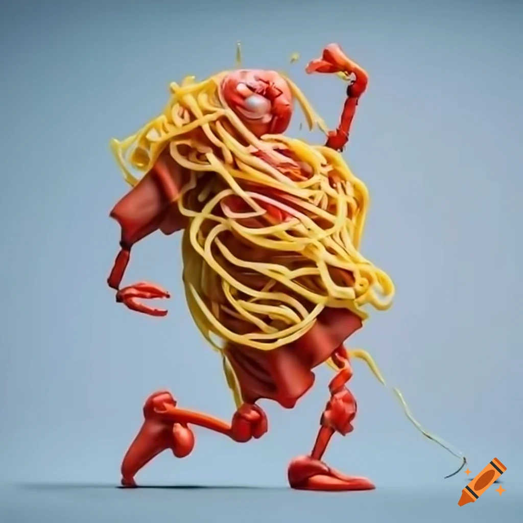 Comical humanoid figure made of spaghetti running with a jar of sauce ...