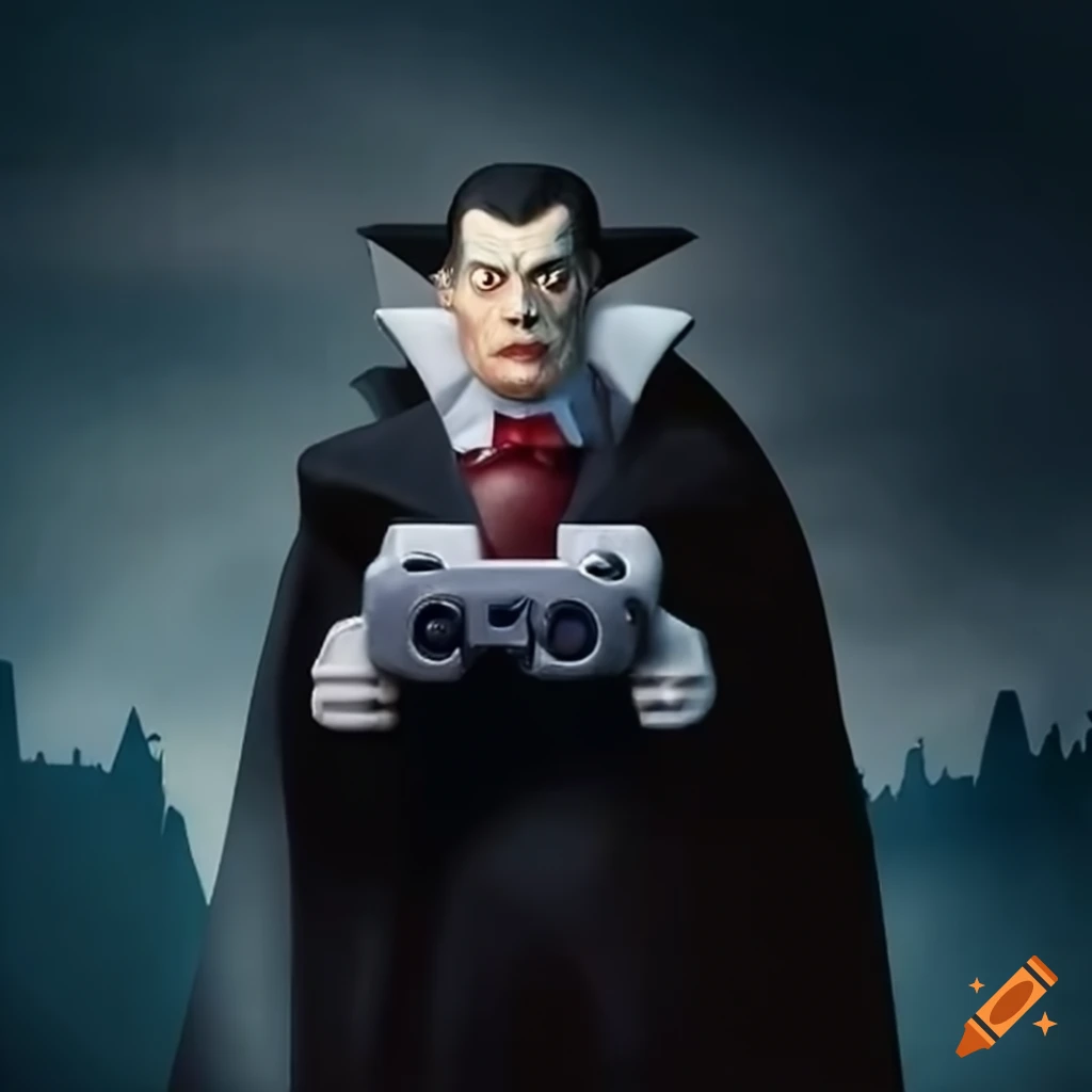 Count Dracula with SNES controller in front of his gloomy castle on Craiyon