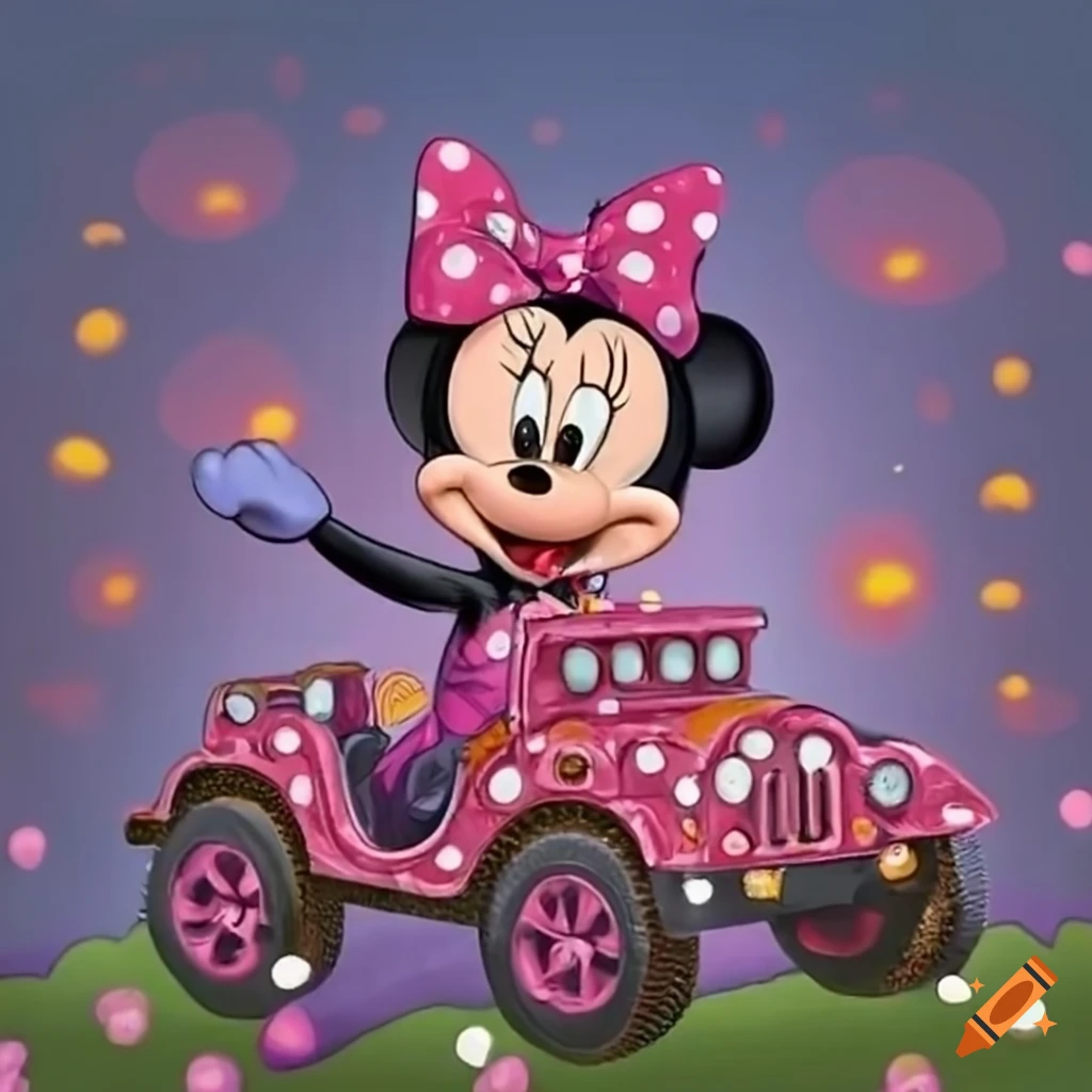 Minnie mouse driving a jeep on a bed of flowers on Craiyon