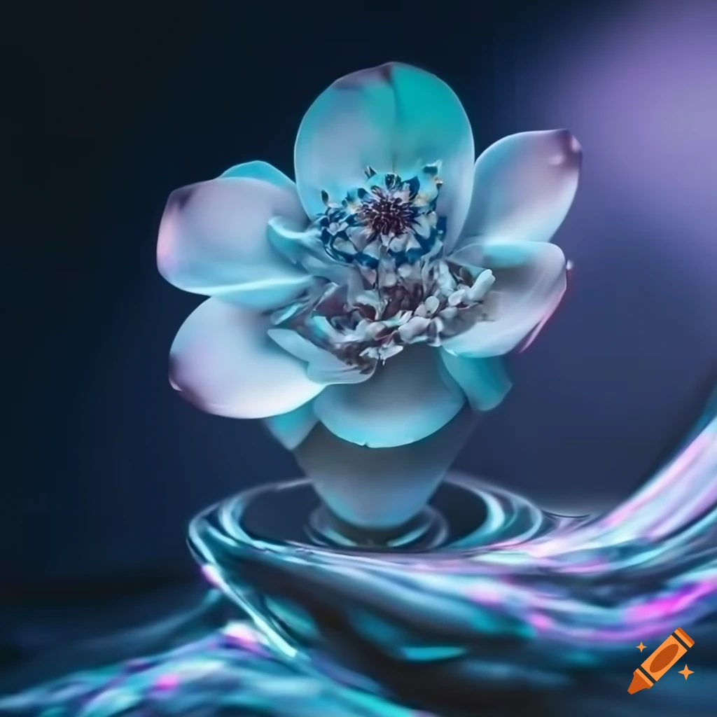 Cybernetic flower in a teacup with flowing river background on Craiyon