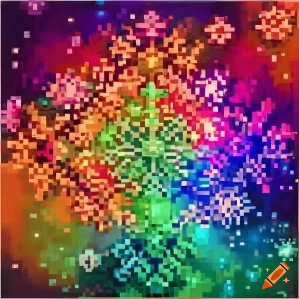 Snow crystals in red, green, orange, magenta, and blue in pixel art ...