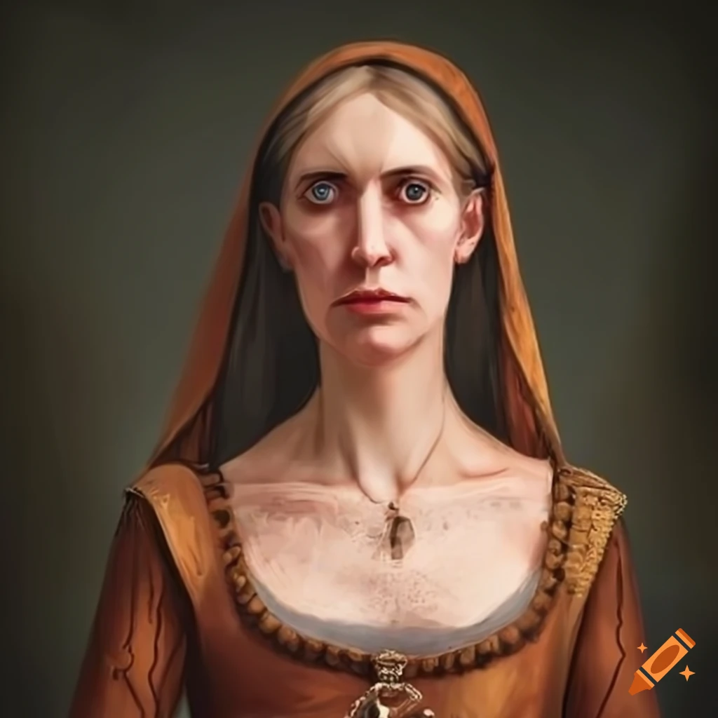 Portrait of a medieval scottish woman with a crazed gaze and crossed ...