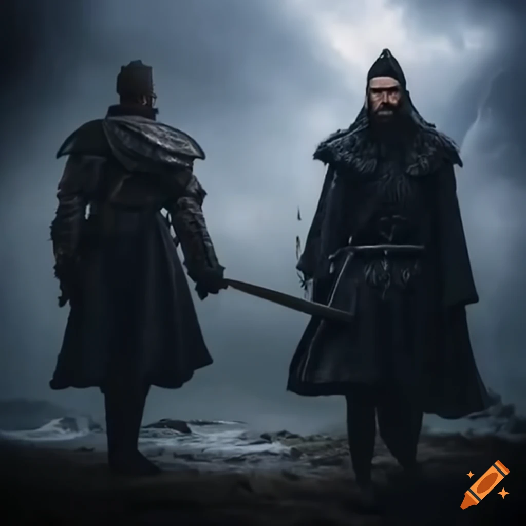 Two swords men facing off in front of a stormy castle on Craiyon