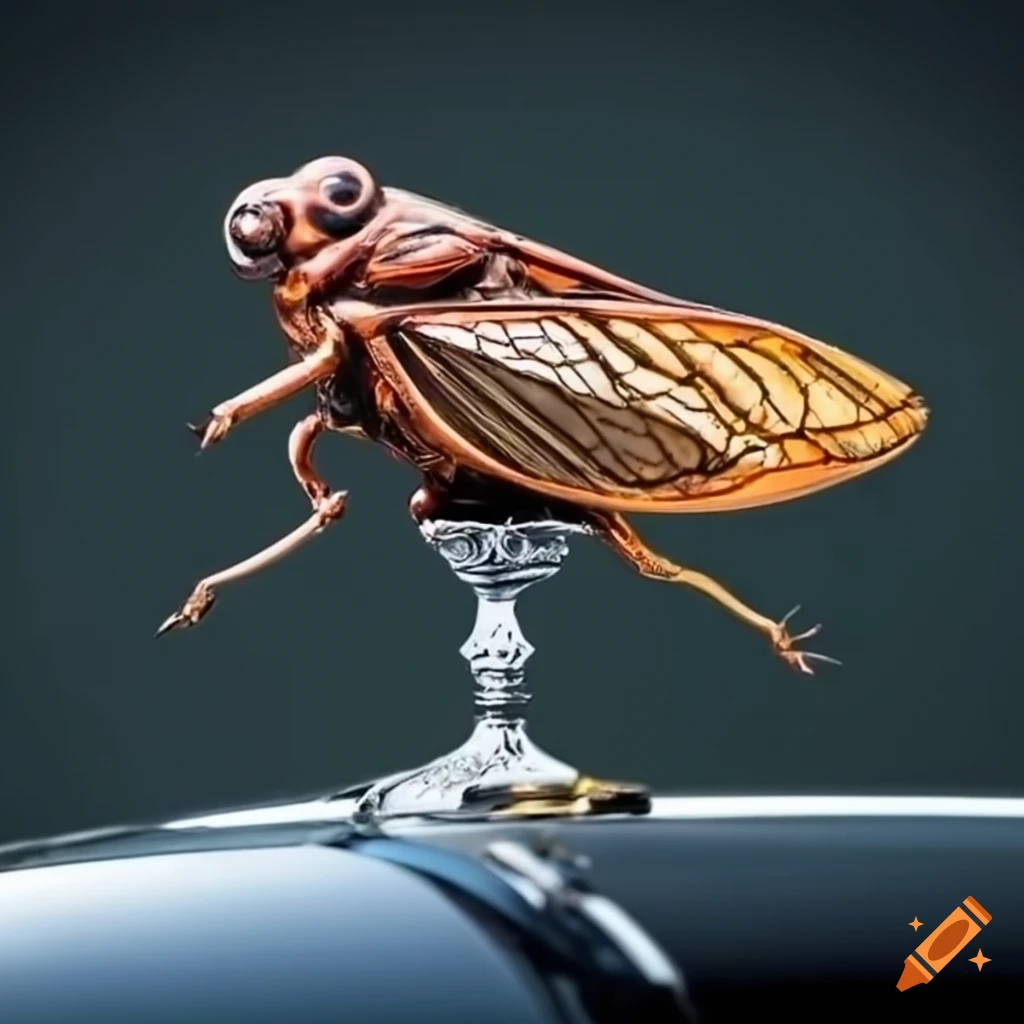 Cicada hood ornament on an expensive and gaudy car on Craiyon