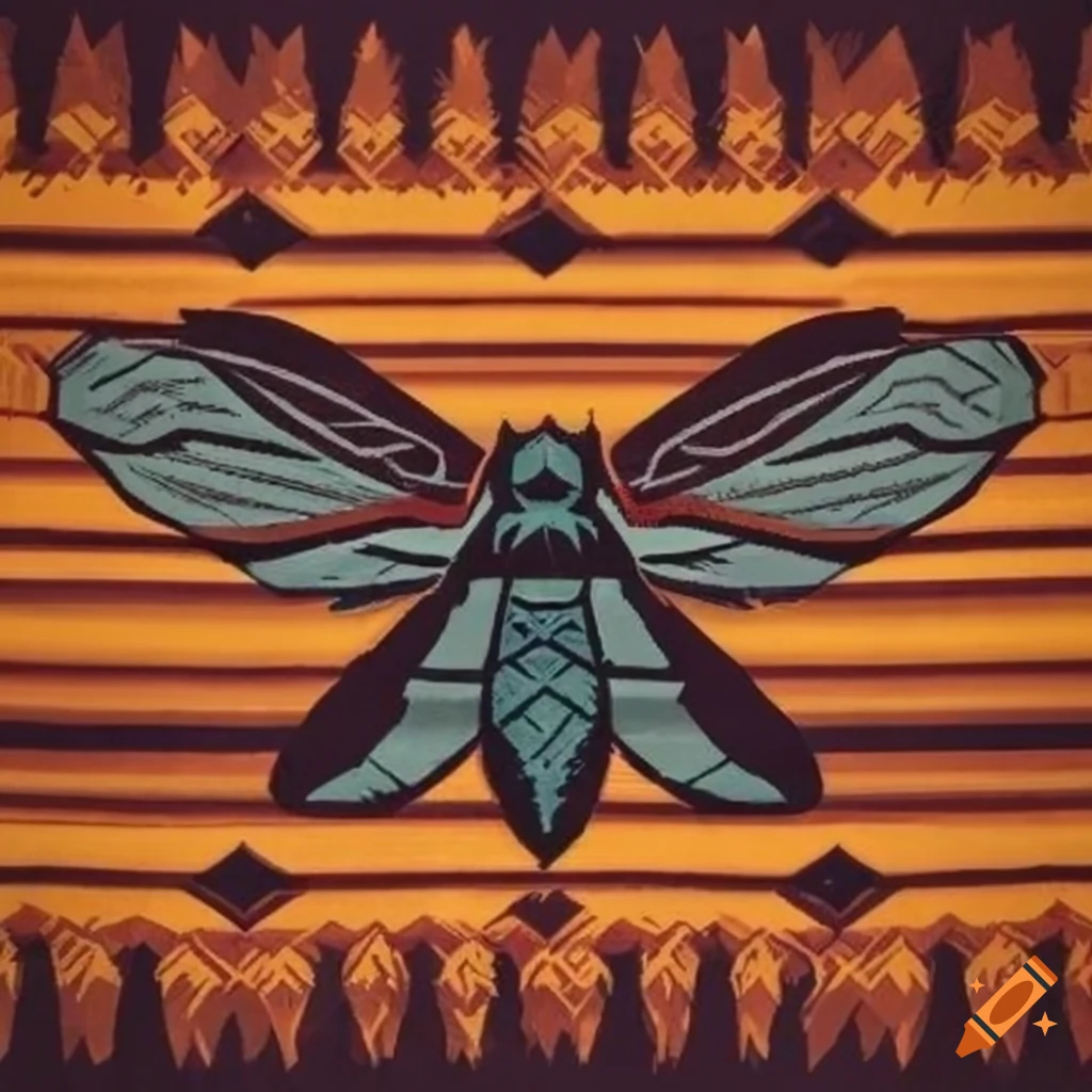 Vibrant cherokee blanket design featuring a large cicada motif on Craiyon
