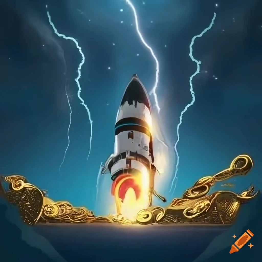 Massive beast riding a rocket through outer space surrounded by gold ...