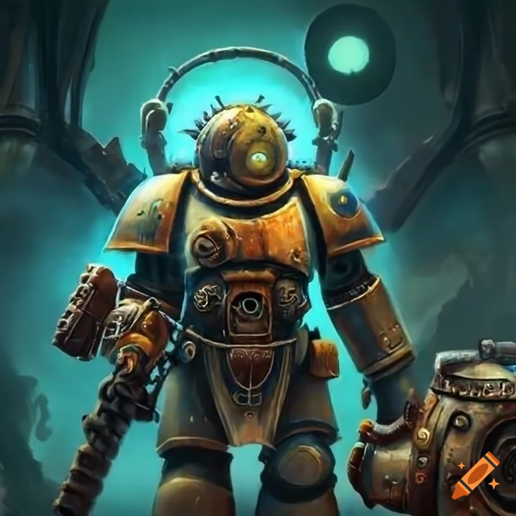 Hybrid deep sea diver warhammer 40k space marine and big daddy with unique weapons on Craiyon