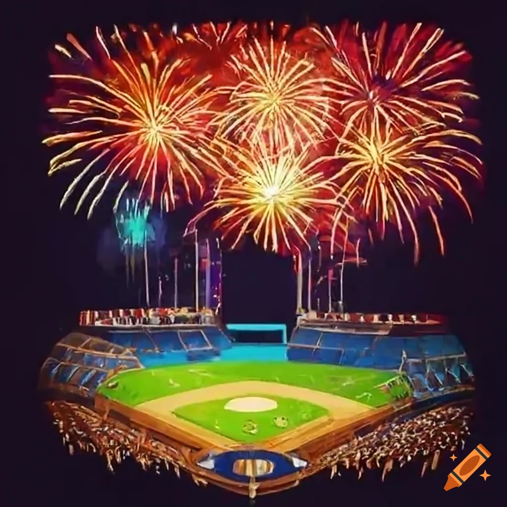 Cartoonish nighttime baseball game with fireworks over the stadium on ...