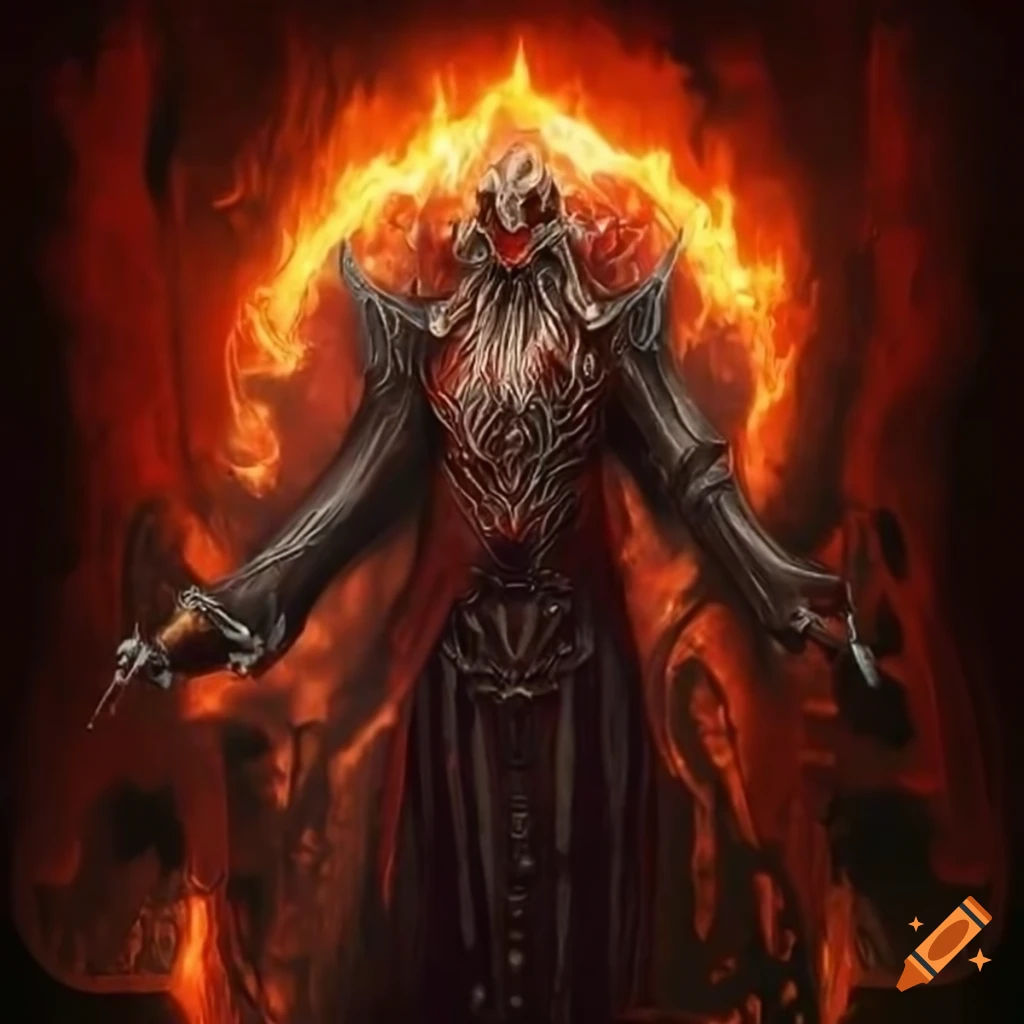 Ominous flaming sword with demonic hilt in fiery depths on Craiyon