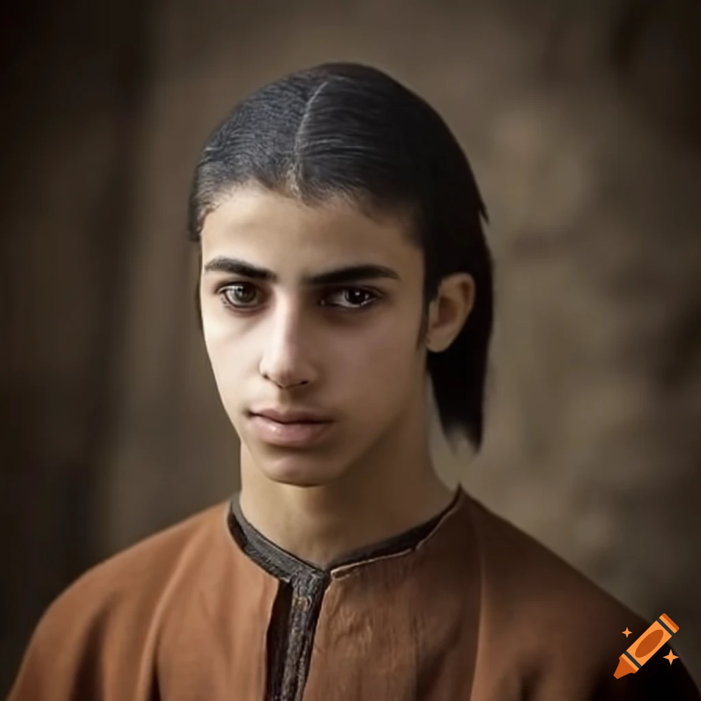 Young middle-eastern man in medieval attire with slicked back hair and ...