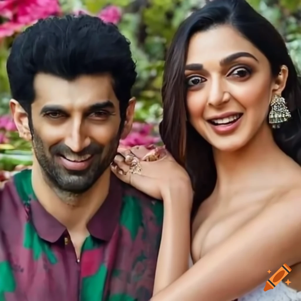 Chemistry between actors Aditya Roy Kapur and Kiara Advani in a garden setting on Craiyon