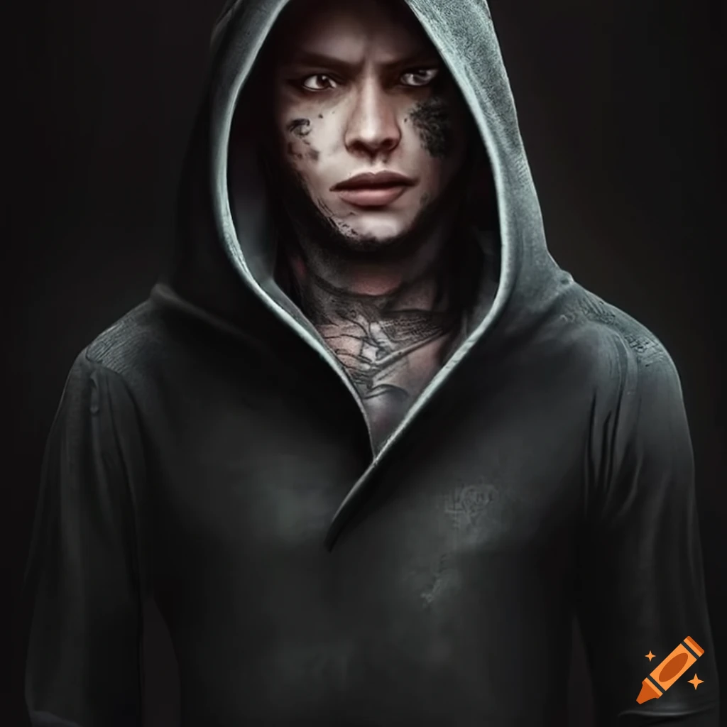 Masculine man with tattoos wearing a hoodie on Craiyon
