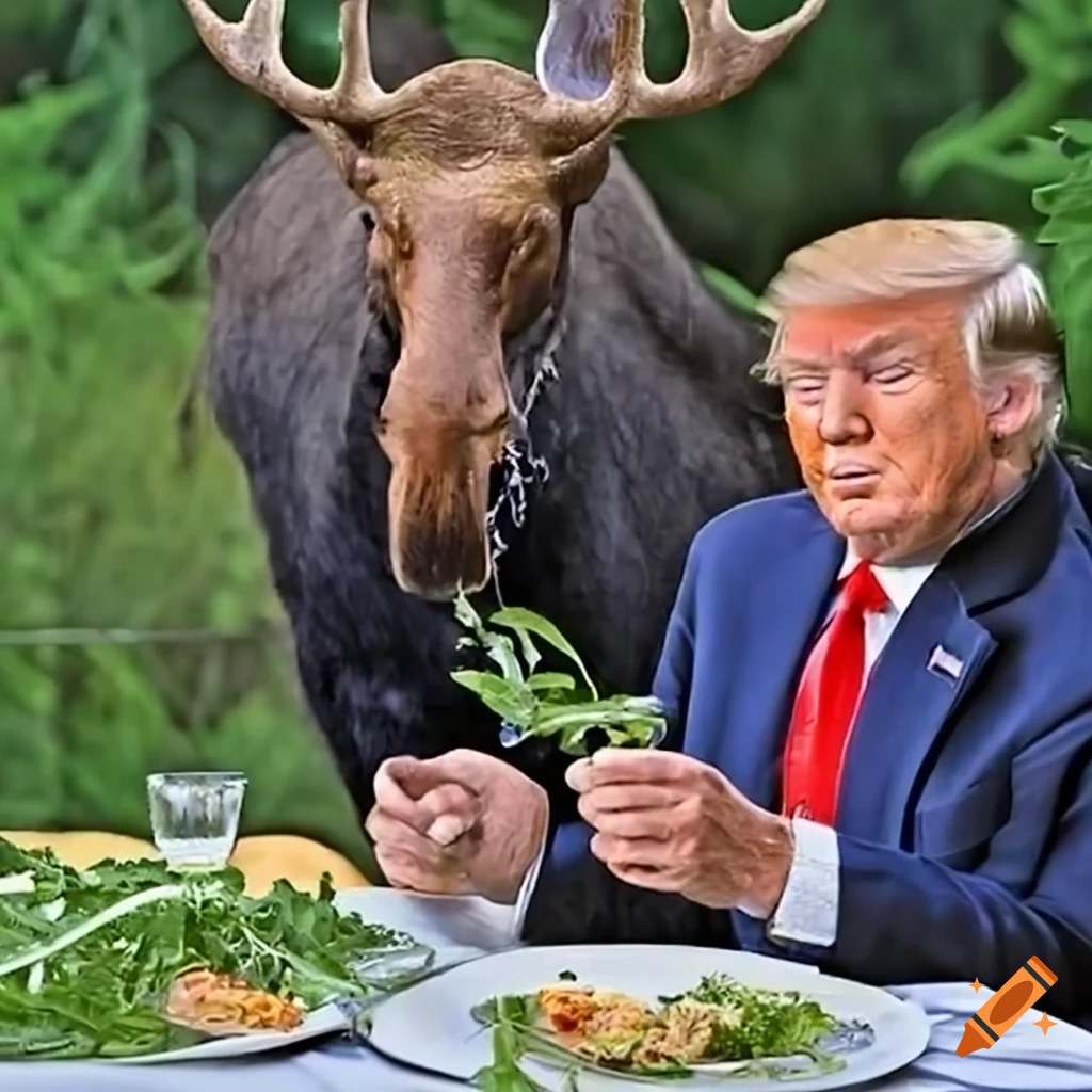 Humorous scene of Donald Trump and a moose sharing a meal of arugula in ...