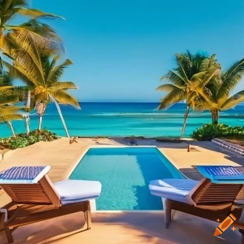 Stunning beach bay with deck chairs, palms, villa, and pool in bright ...