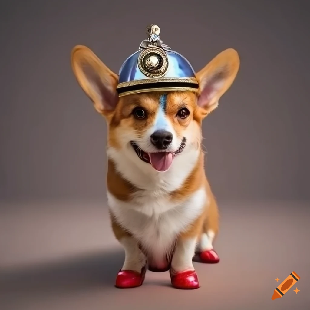 Corgi dog fashionably dressed with prussian helmet and red high heel ...
