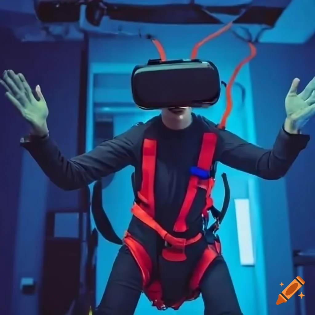 Person in a high-tech VR simulation lab with a VR headset, mimicking ...