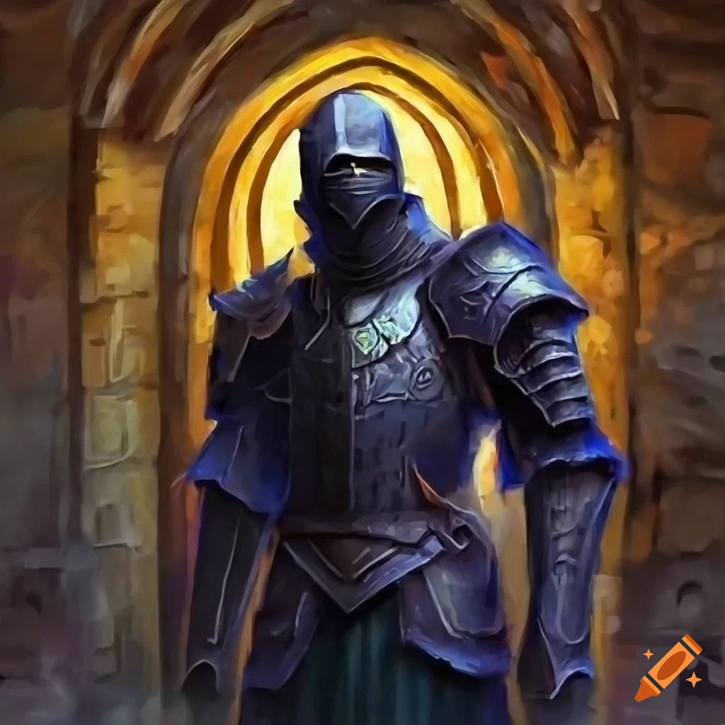 Undead dark armor fantasy character by stained window in castle crypt ...