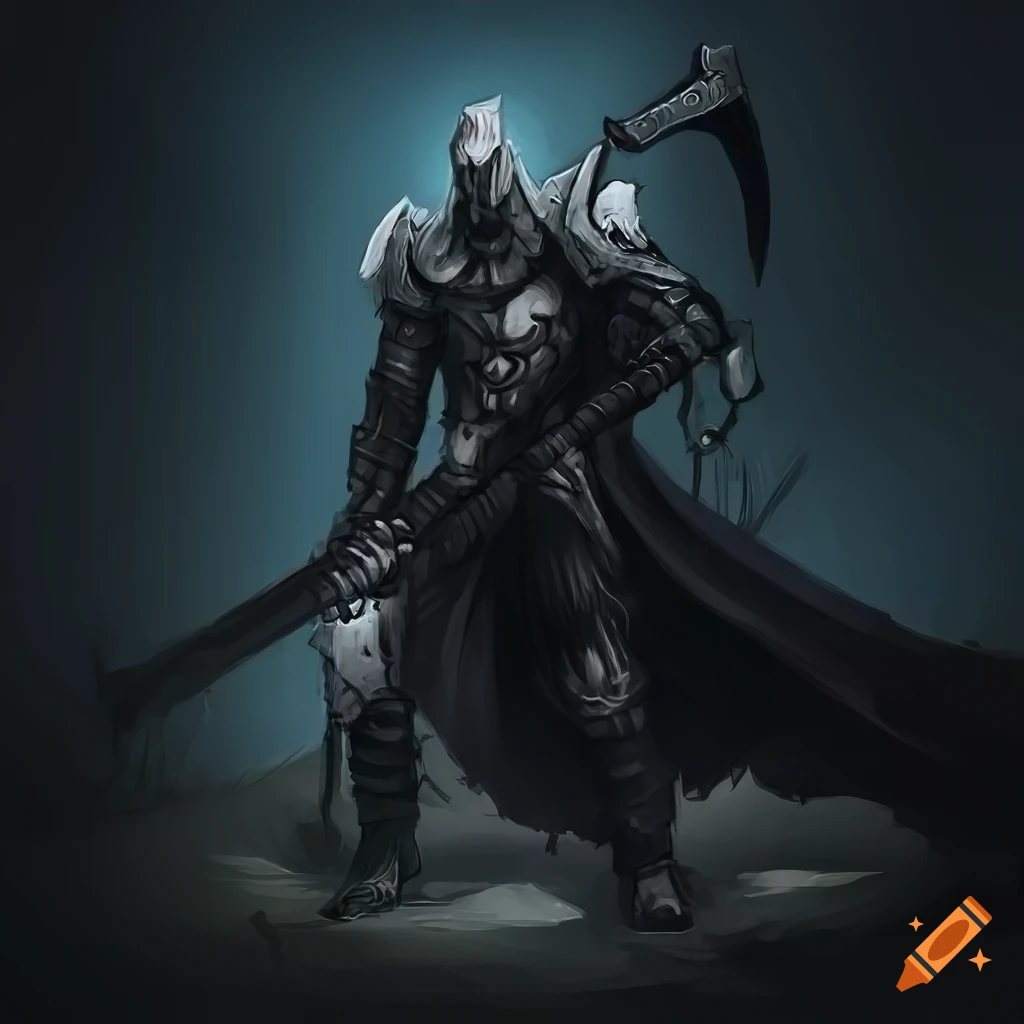 Warrior in futuristic white and black armor with a grim reaper theme ...