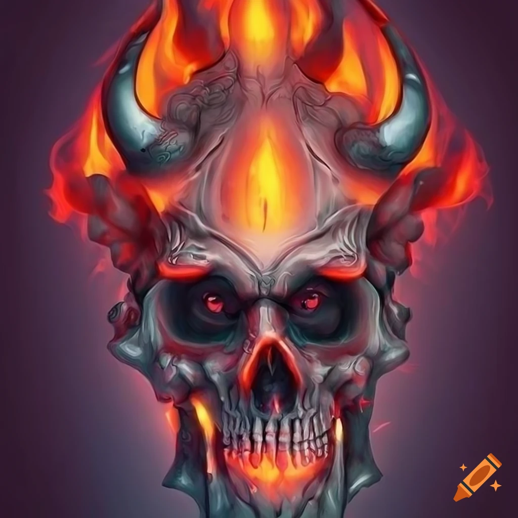 Stylized artwork of a detailed flaming demon skull with glowing red eyes on Craiyon