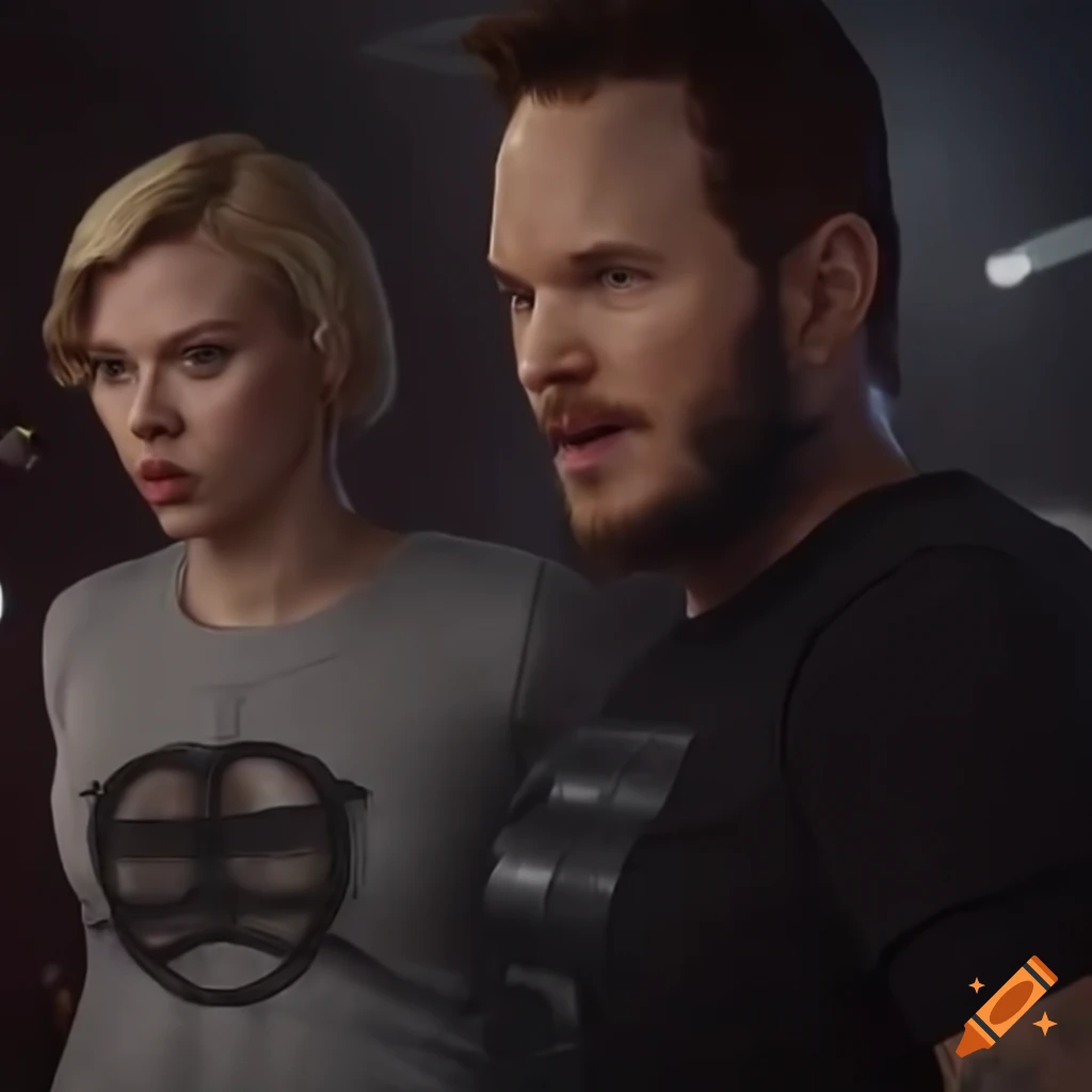 Sci-fi man with shotgun and scarlett johansson in action scene on Craiyon