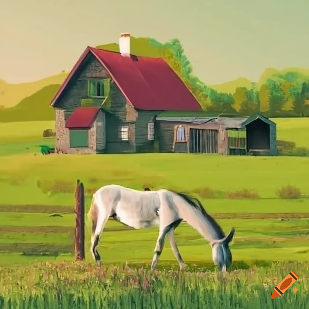 Meadow with cottage, white horse, and donkey in stable on Craiyon