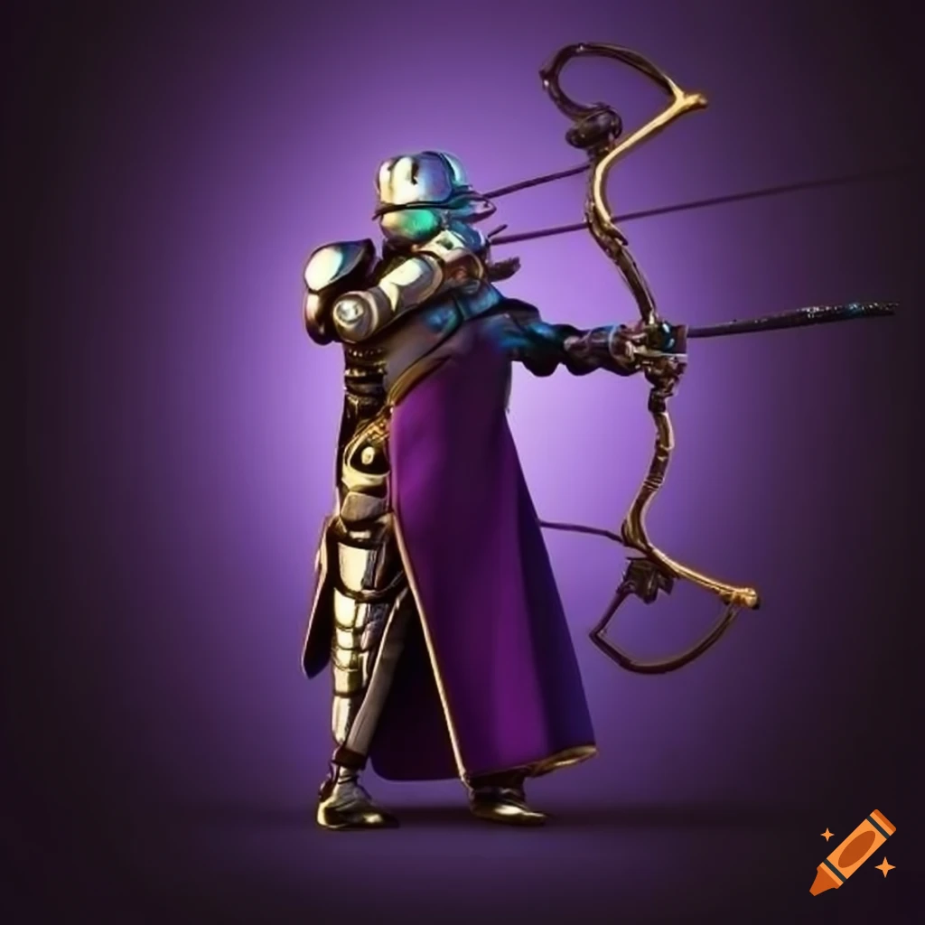 Silver metallic robot archer with a purple-crimson cape in a ...