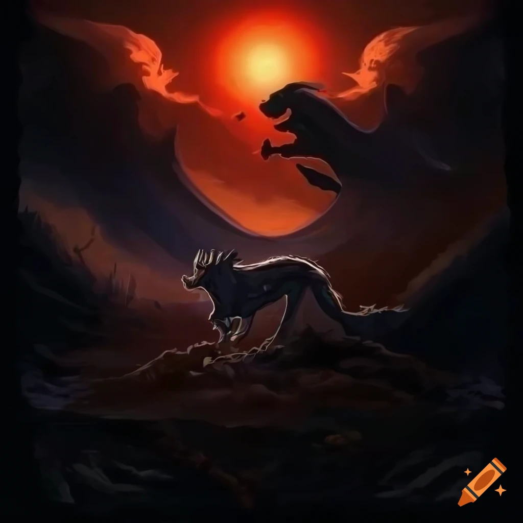 Dark landscape from Greek mythology with a winged wolf in Tartarus on ...