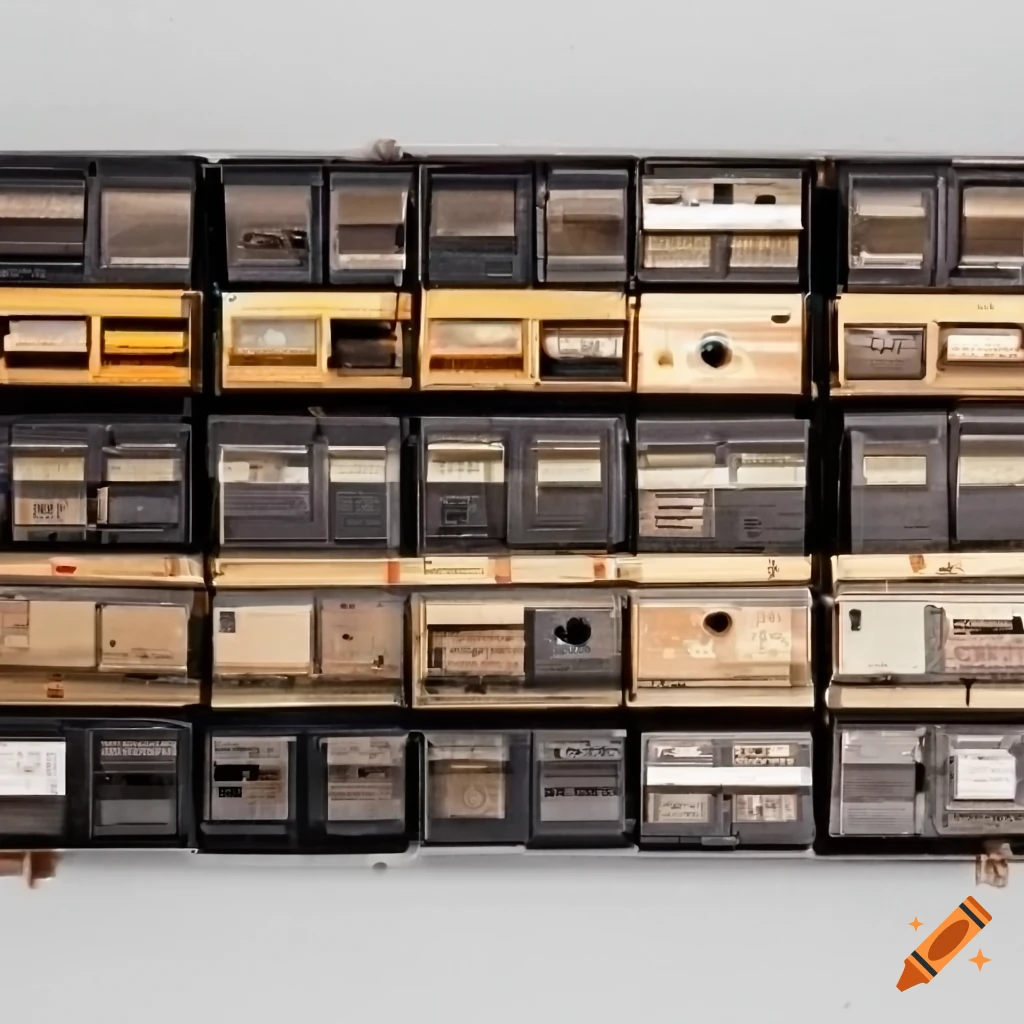 Display of vintage media including audio tapes, slides, negatives, and ...