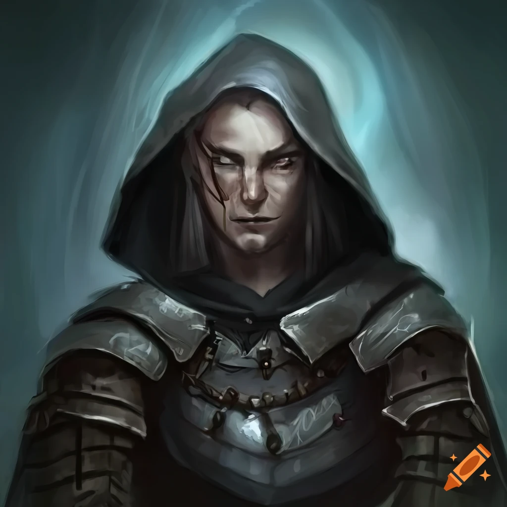 Detailed artwork of a stern male rogue with grey eye and hair, black ...