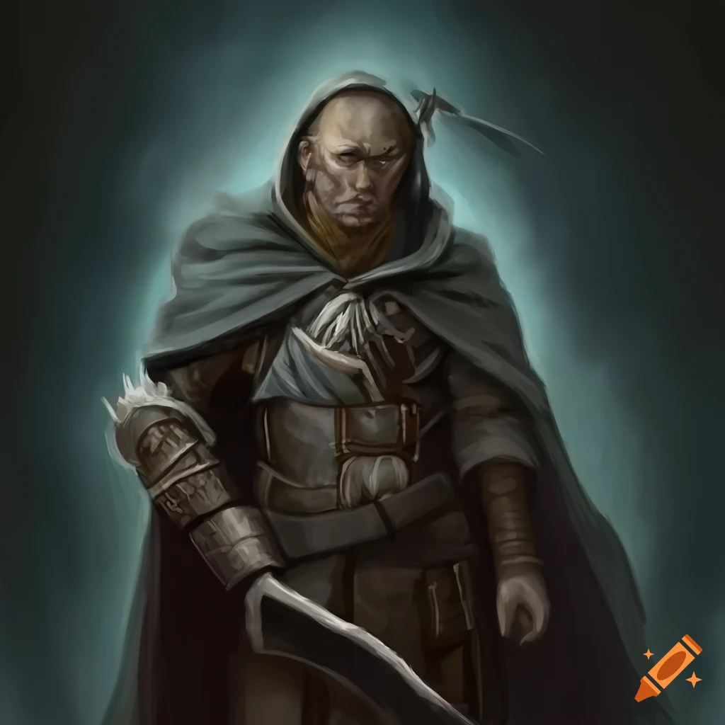 Stern veteran ranger with grey eye and hair in a grey cloak on Craiyon