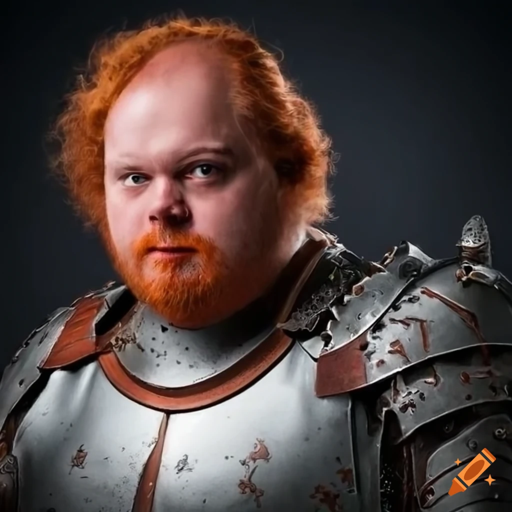 Short red-haired fat knight in armor with scar on face on Craiyon