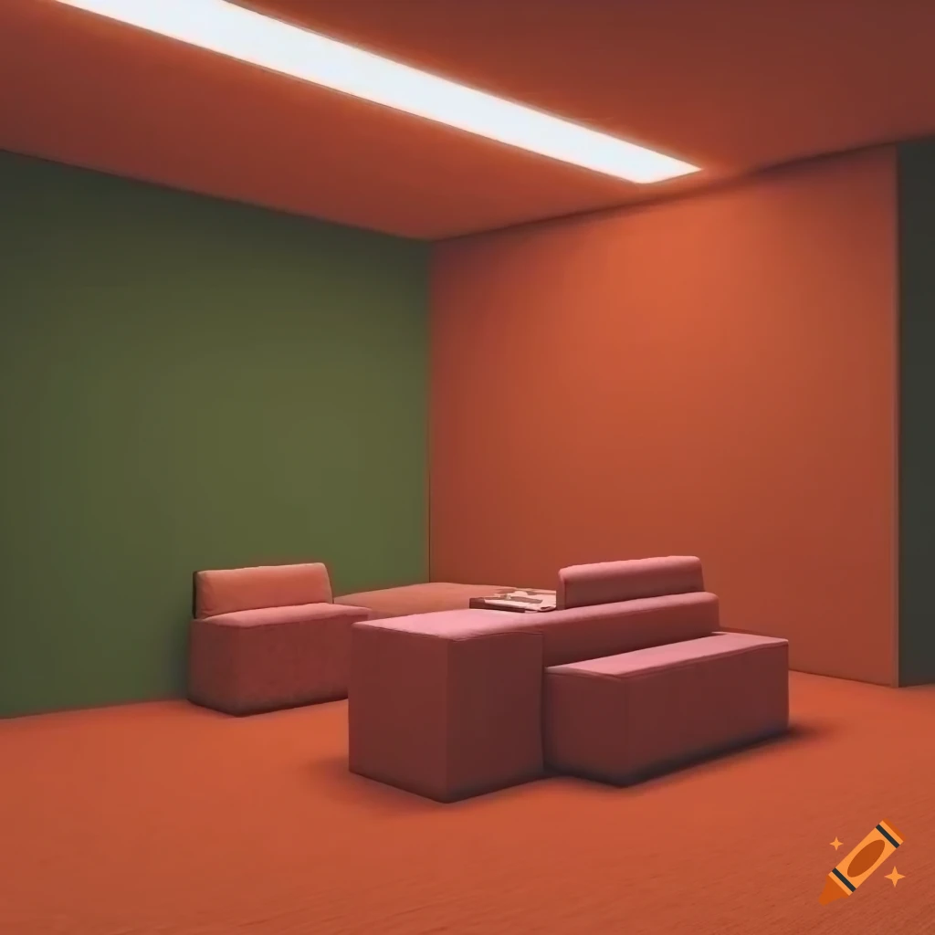 Liminal room with cubical fabric furniture in lime green, 70s hyper ...