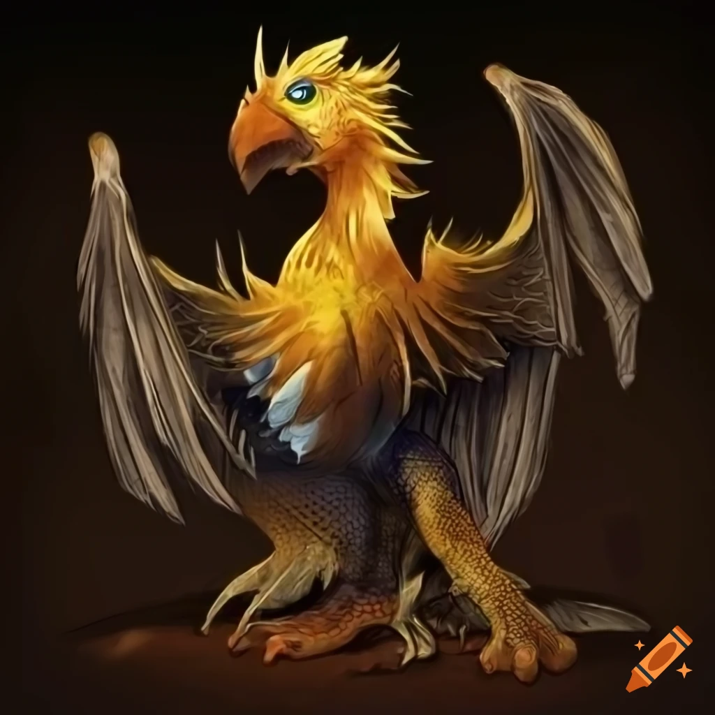 Mythical hybrid creature with yellow feathers and a saddle on Craiyon