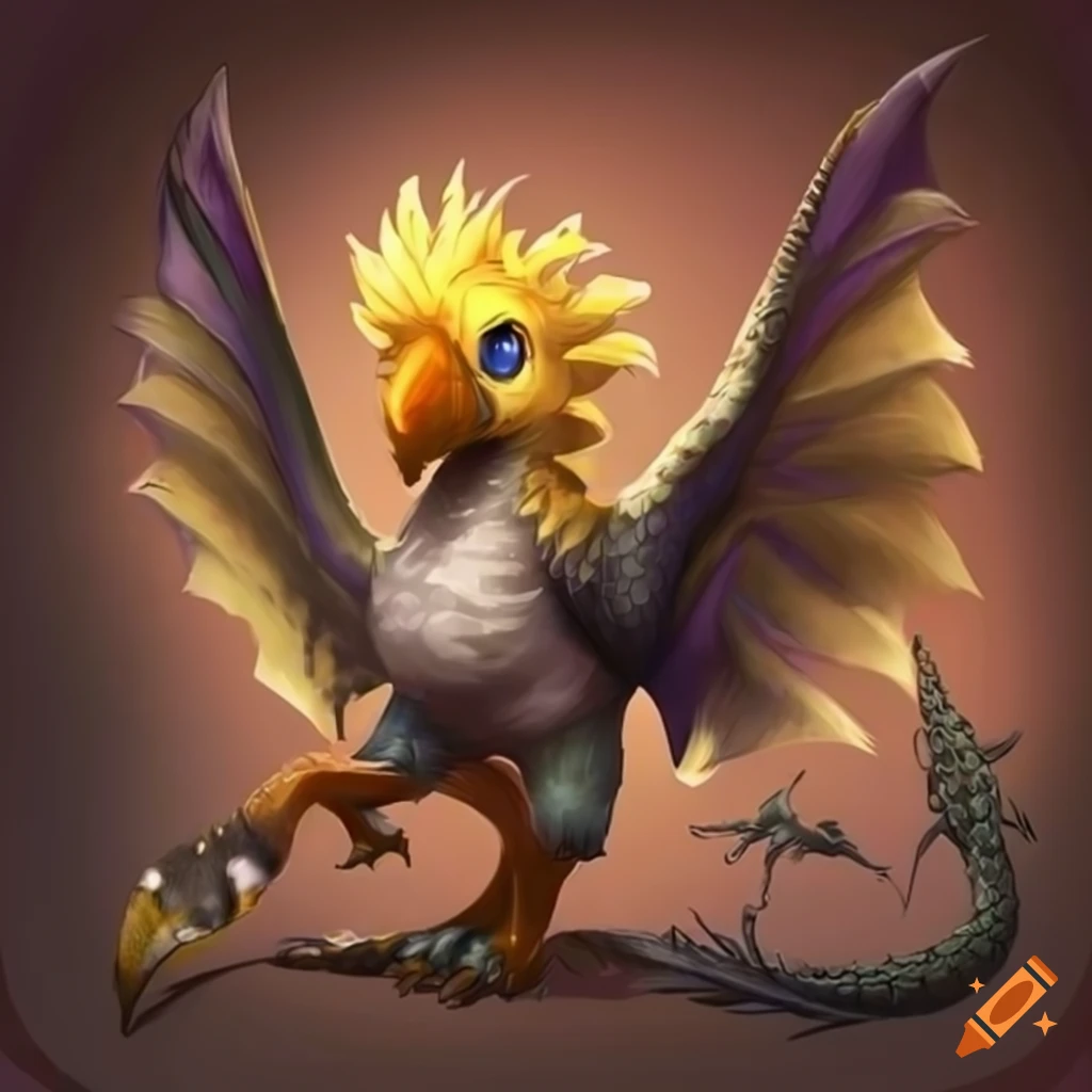 Mythical lizard-chocobo-bat hybrid with yellow feathers and a snake ...