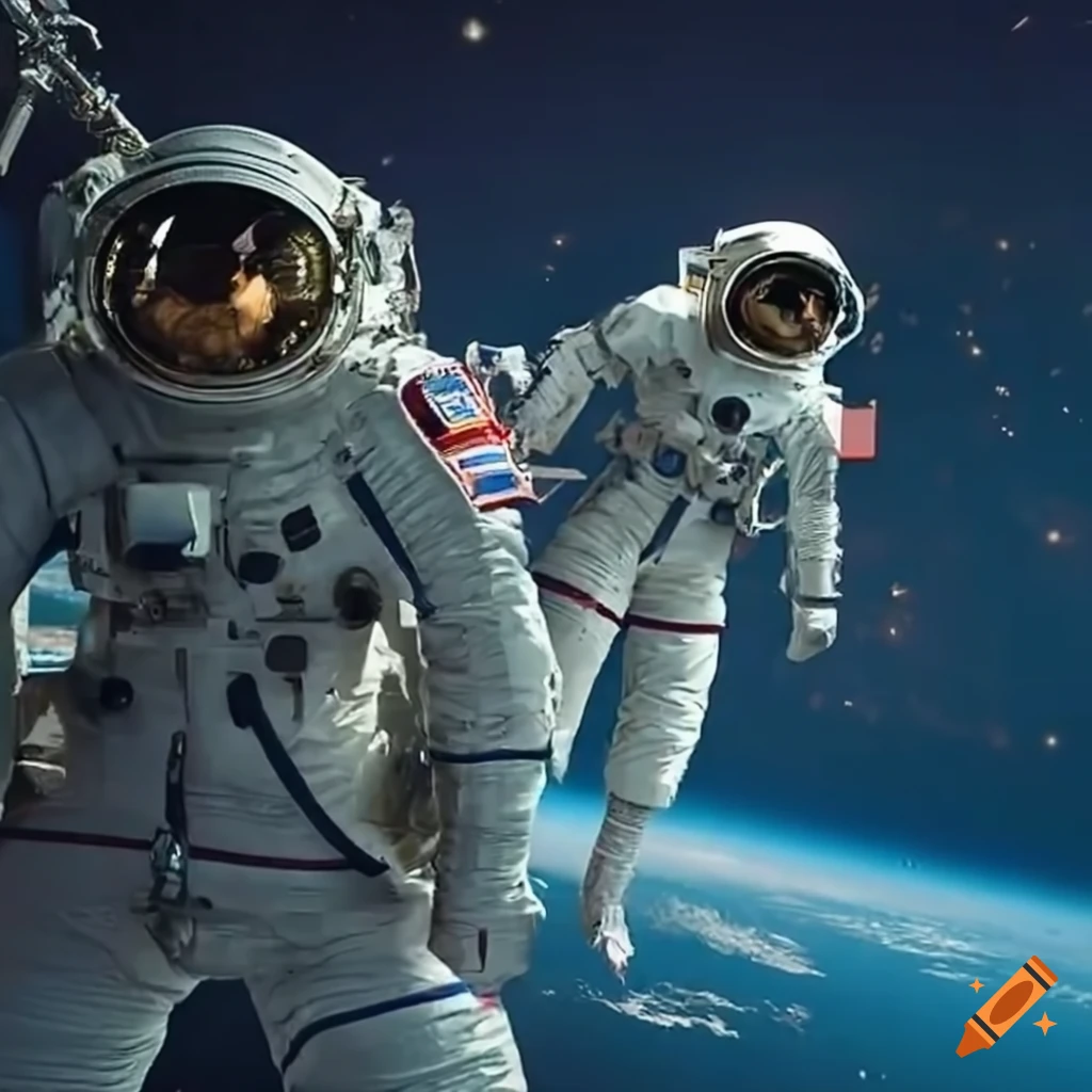 Two female astronauts on a spacewalk in glossy spacesuits on Craiyon