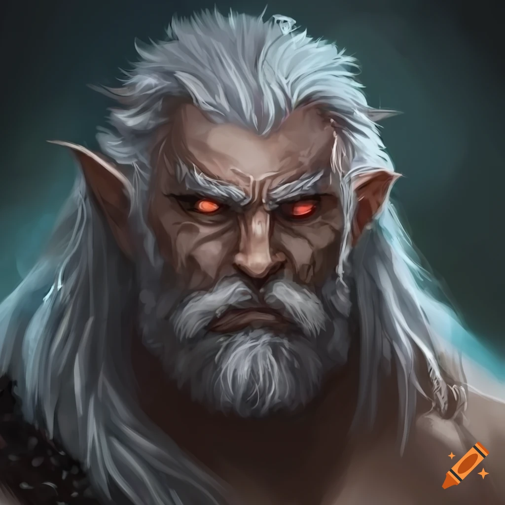 Detailed artwork of a stern male barbarian with grey eyes, hair, and ...