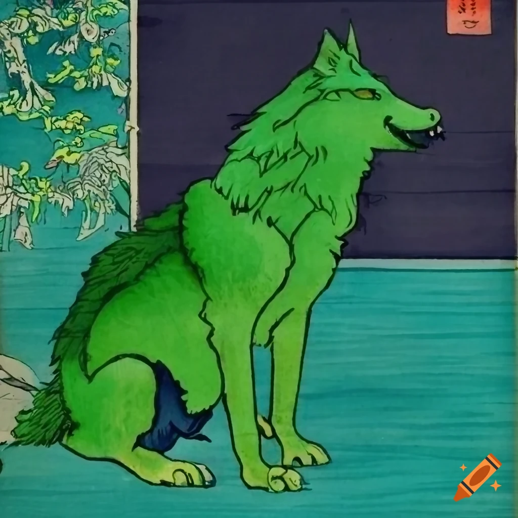 Green wolf in traditional ukiyo-e art style on Craiyon