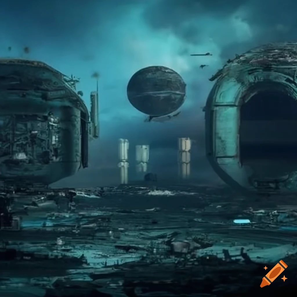 Expansive landing zone on a derelict space station with alien ...