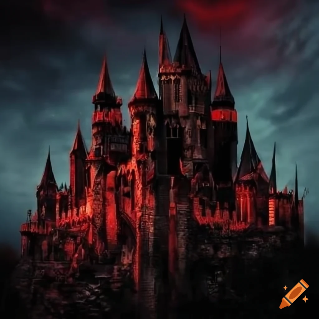 Dark black and red gothic castle on Craiyon