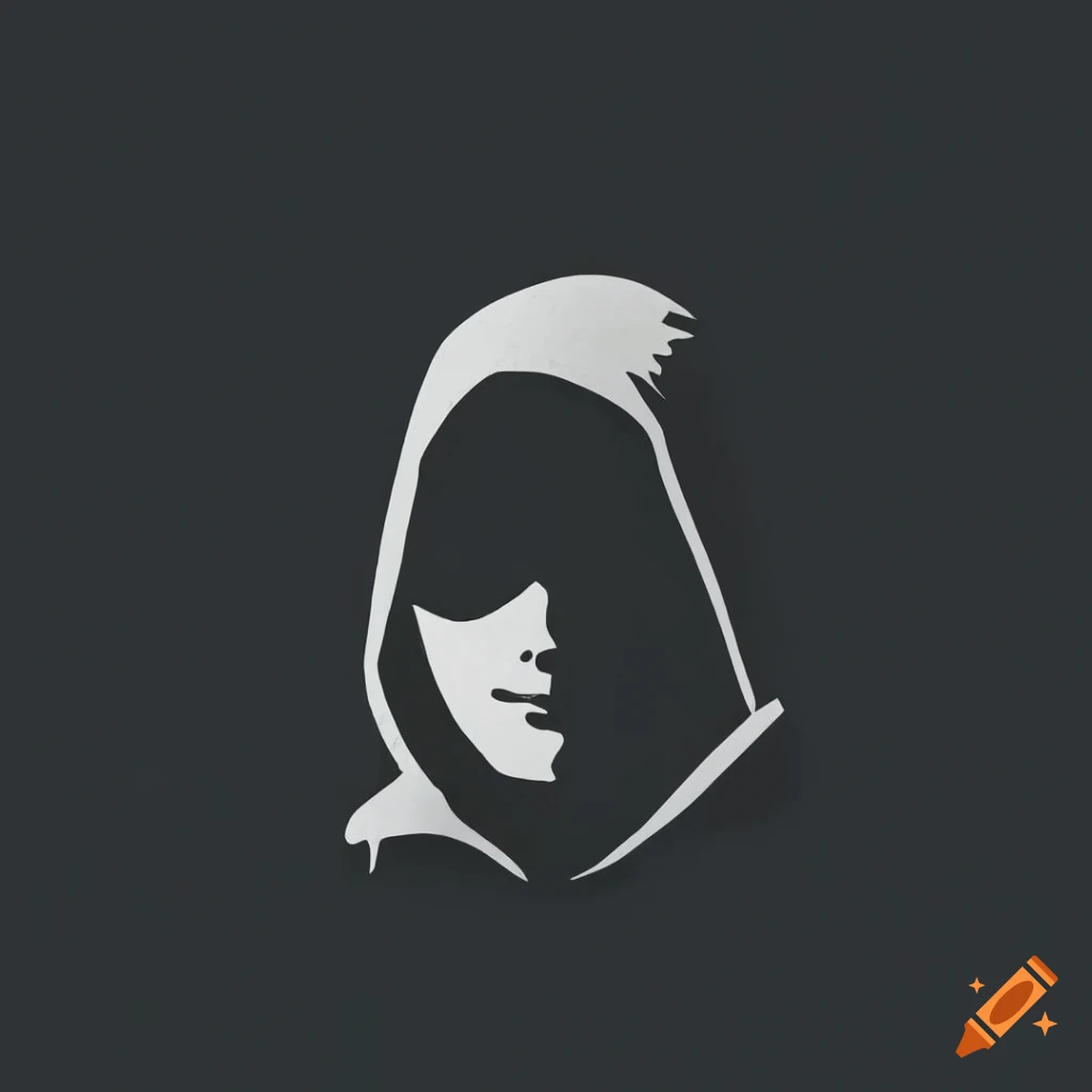 Black and white minimalist stencil art of a hooded figure facing ...
