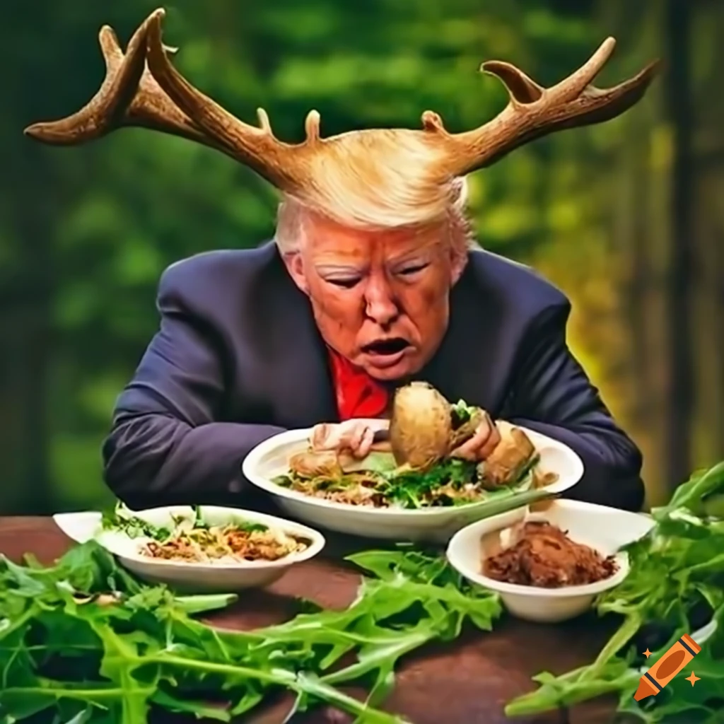 Humorous scene of donald trump and a moose eating arugula in a scenic ...